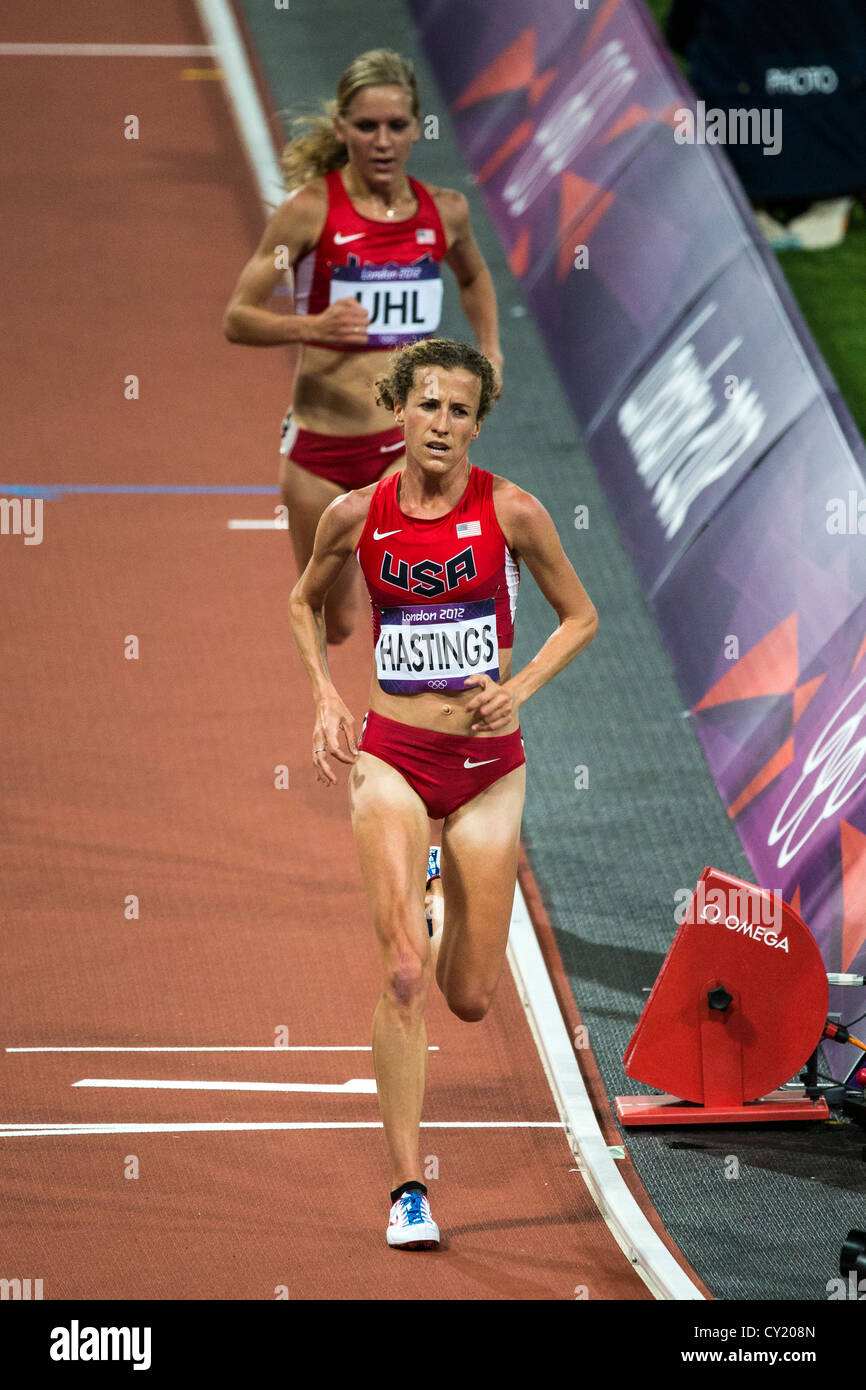 Amy Hastings (USA) and Lisa Uhl (USA) competing in the women's 10,000m ...