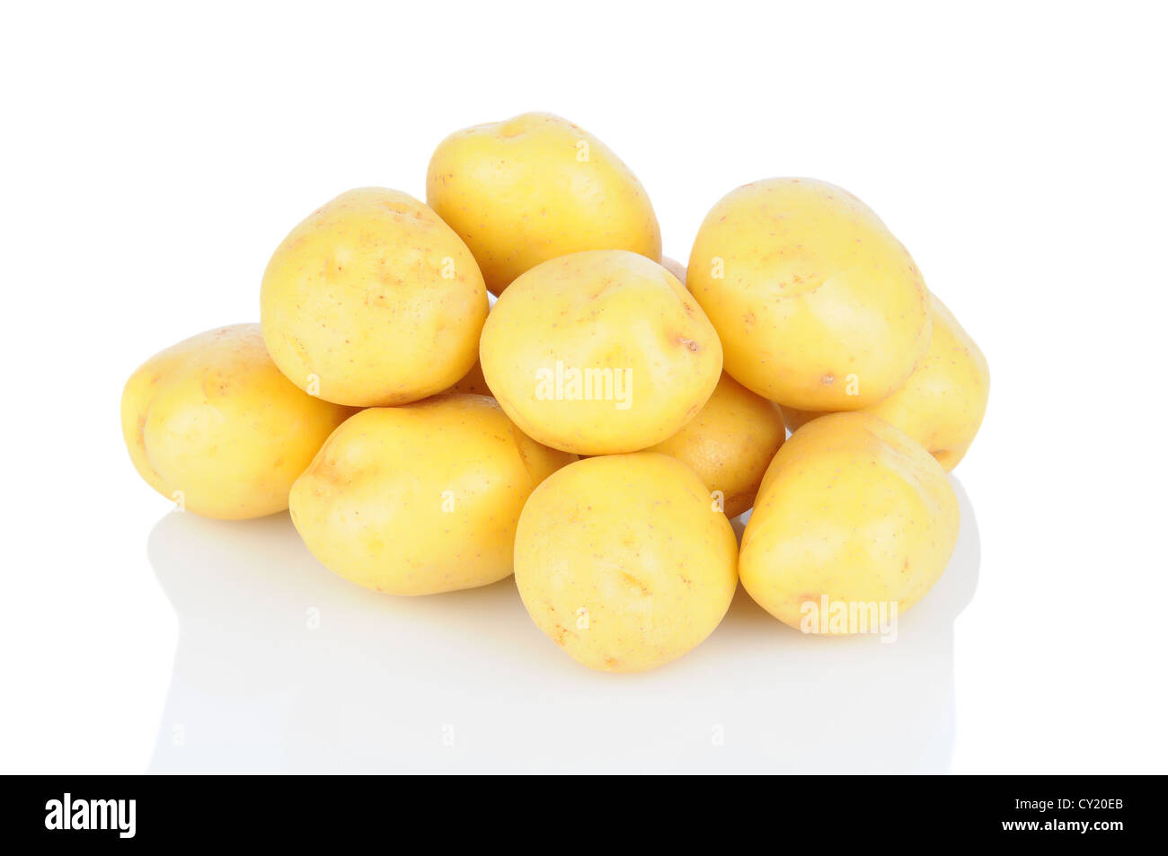 A pile of White Potatoes on a white reflective surface. Horizontal ...