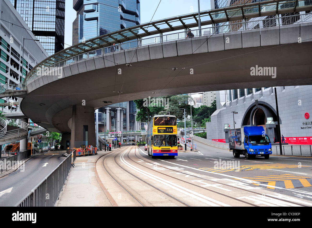 Double-deck bus with skyscrapers Stock Photo - Alamy