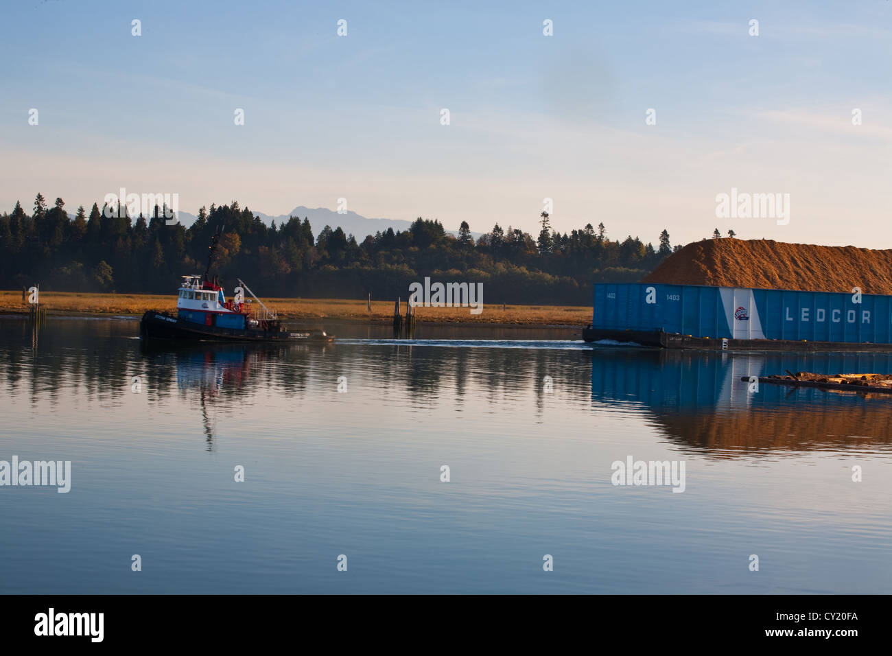 Tug boat with a barge of wood chips in a narrow inlet Stock Photo - Alamy