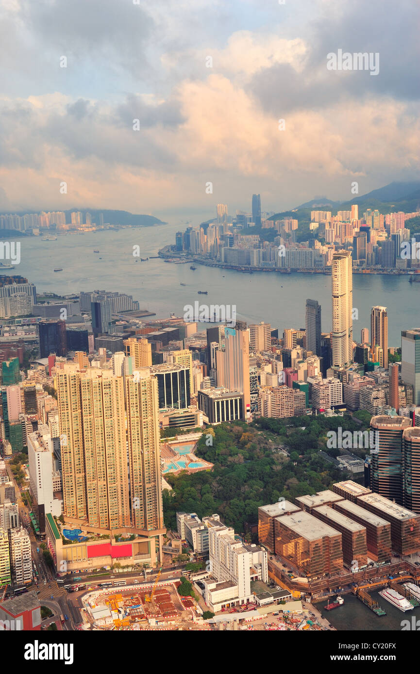 Victoria Harbor aerial view and skyline in Hong Kong with urban ...