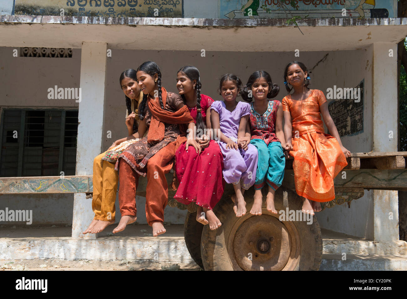 Rural Indian village girls on a bullock cart. Andhra Pradesh, India ...