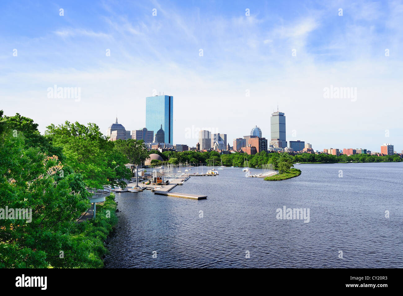 Boston back bay with sailing boat and urban building city skyline in ...