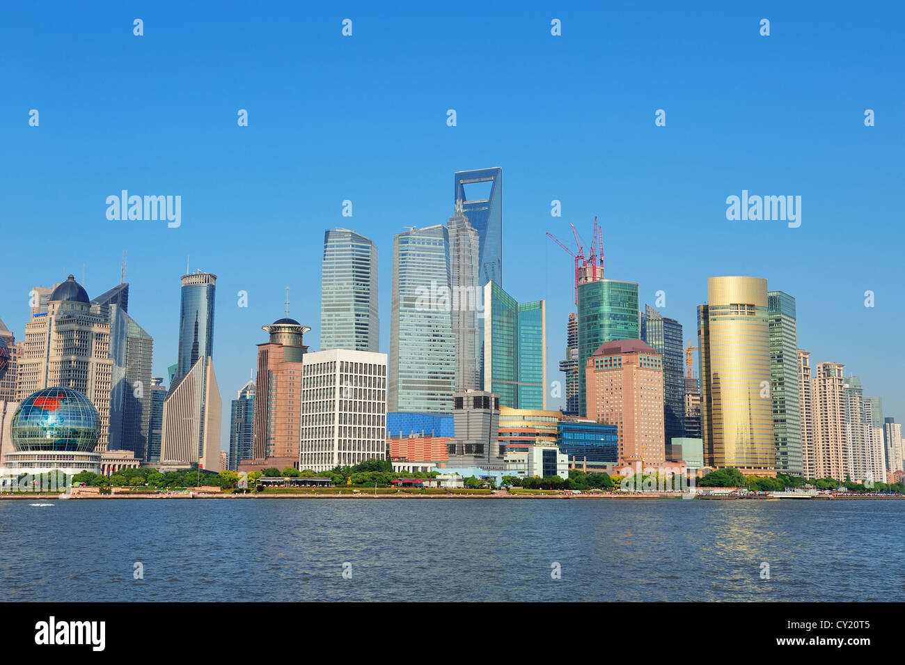 Shanghai urban skyline with blue clear sky over Huangpu River Stock ...