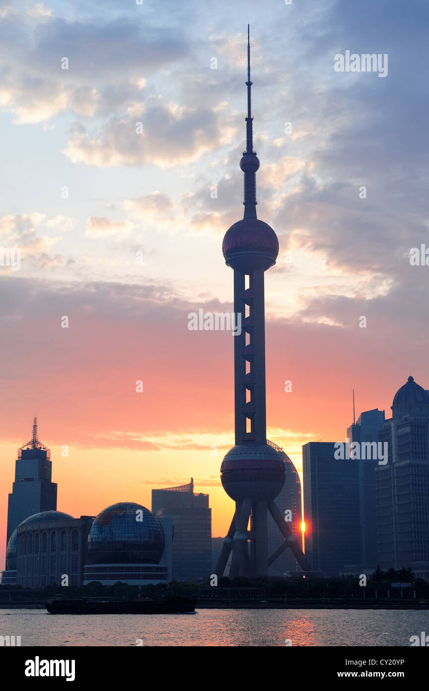 Shanghai morning city skyline silhouette over river with sunrise and ...