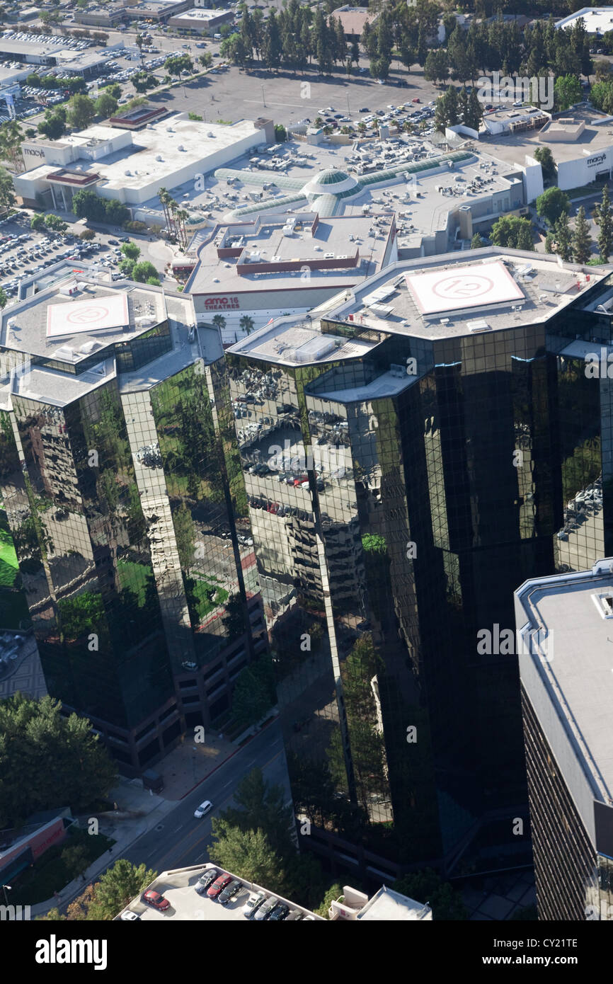 Aerial view of high rise buildings in the Warner Center in Woodland ...