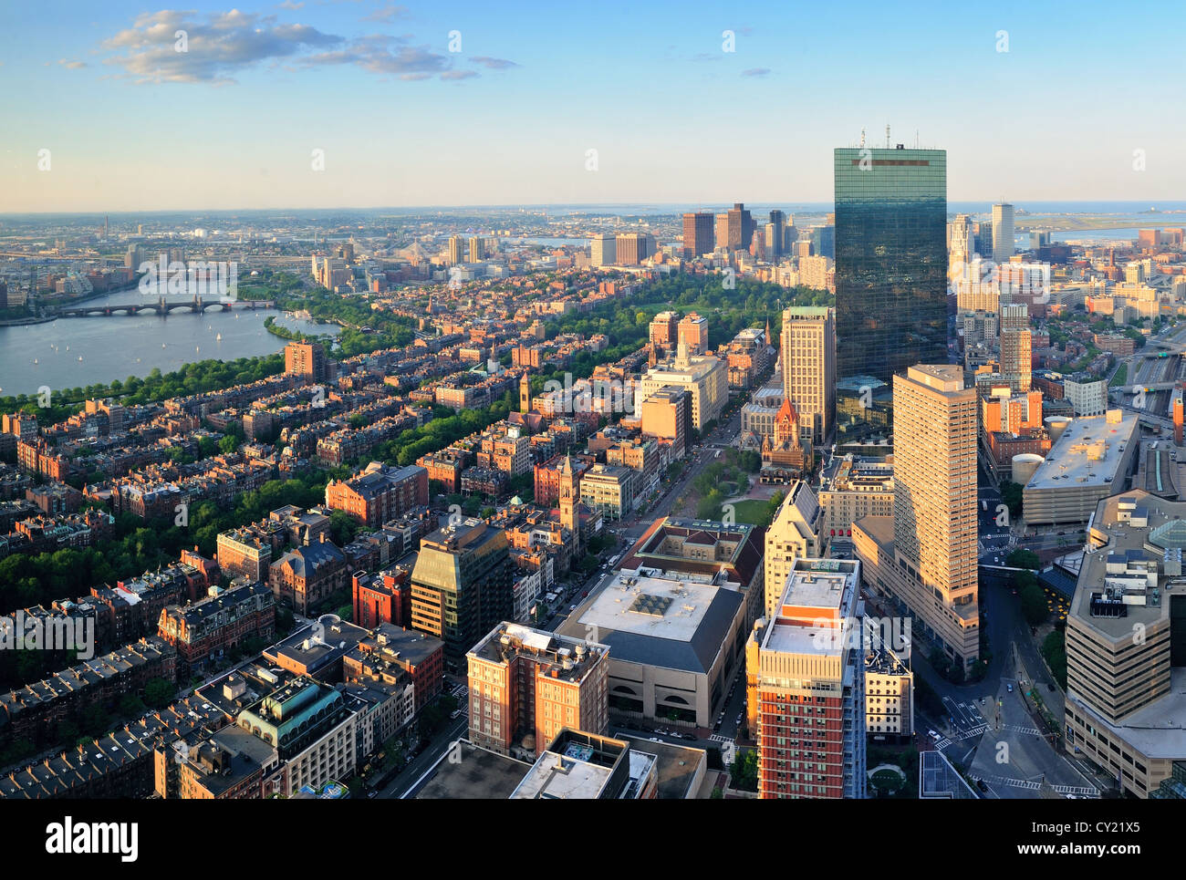 Urban city aerial view. Boston aerial view with skyscrapers at sunset ...