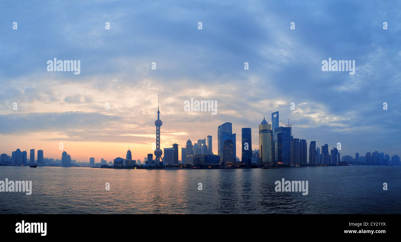 Shanghai morning city skyline silhouette panorama over river Stock ...