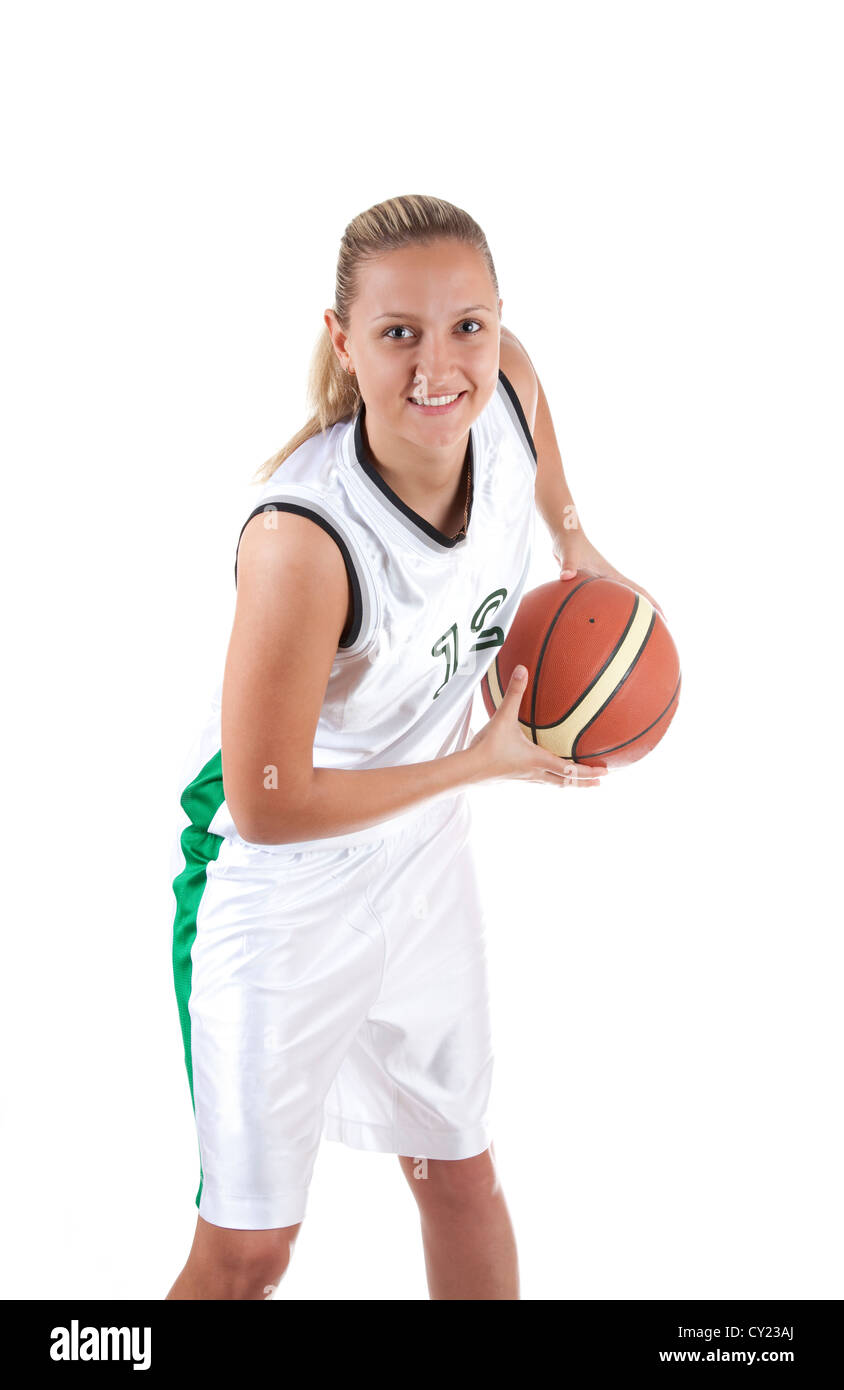 Smiling female basketball player, isolated on white background Stock ...