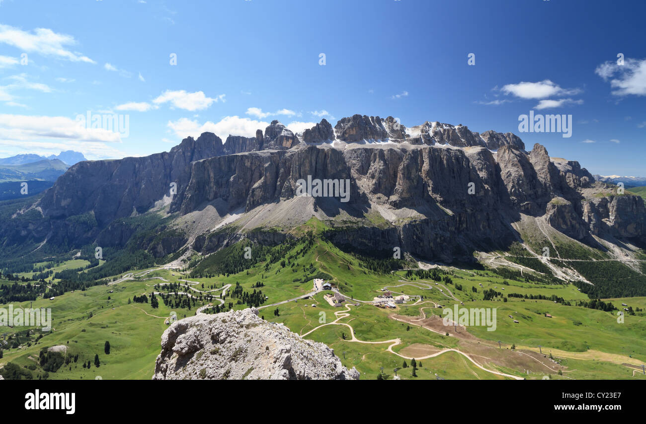 aerial view of Gardena pass and Sella goup, Italian Dolomites Stock ...