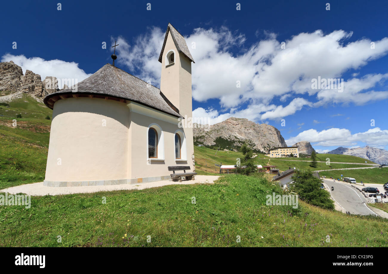 small chapel beneath Cir Dolomites in Gardena pass, Italy Stock Photo ...