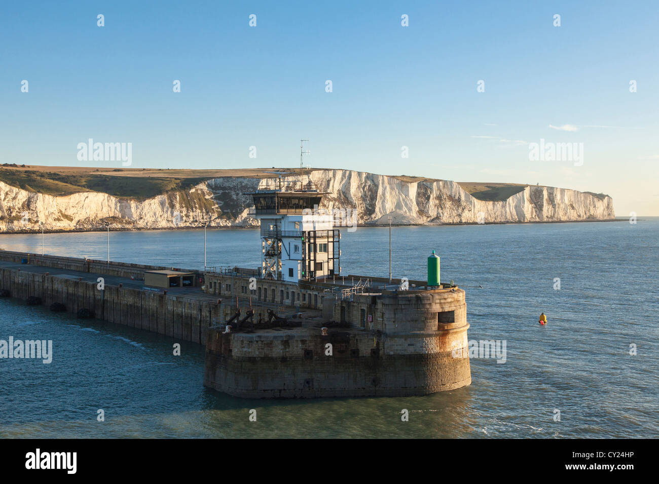 Port of Dover breakwater and white cliffs at dawn, Kent, England Stock ...