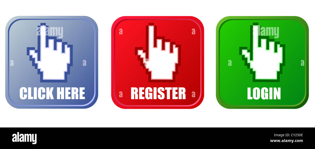 Vector buttons - click here, register and login Stock Photo - Alamy