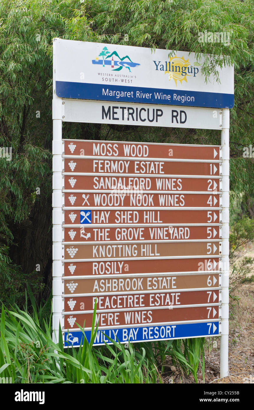 Road sign listing wineries in the Margaret River wine region of Western ...