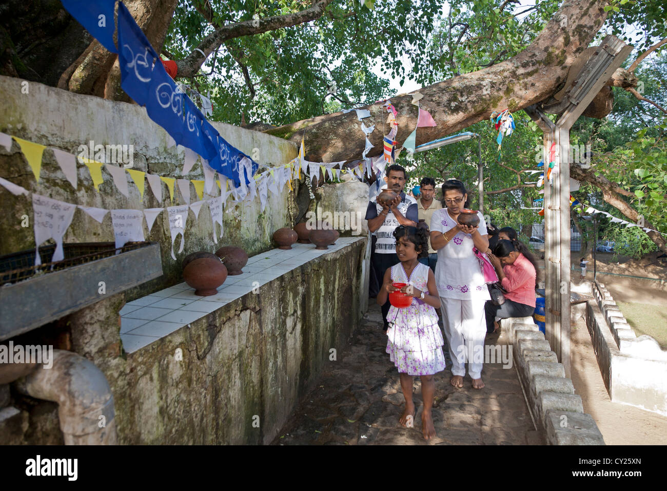 Pilgrims offering water jars (Buddhist ritual). The Bodhi tree. Temple ...