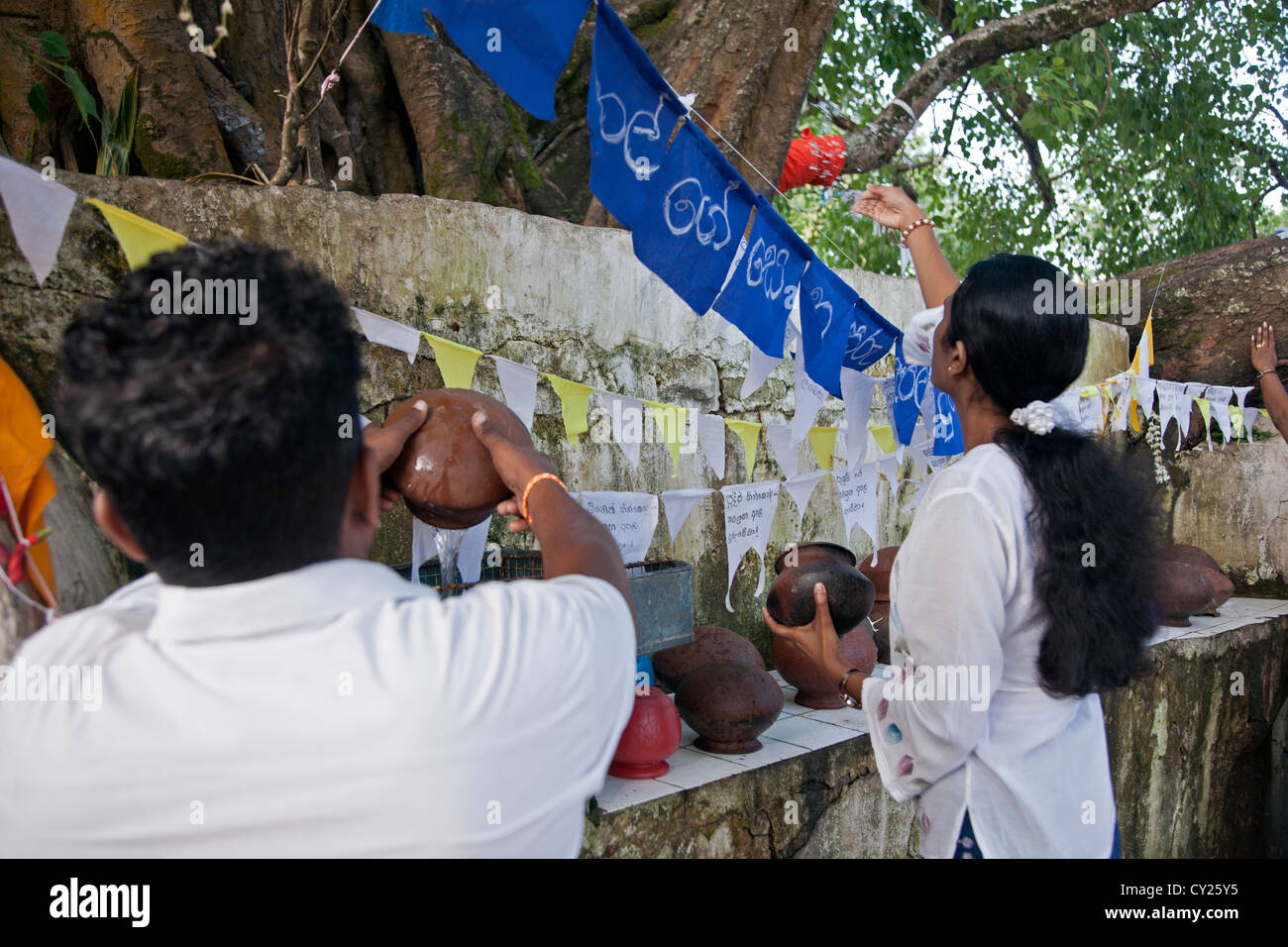 Devotees offering water jars to the sacred Bodhi tree. Temple of the Sacred Tooth Relic. Kandy ...