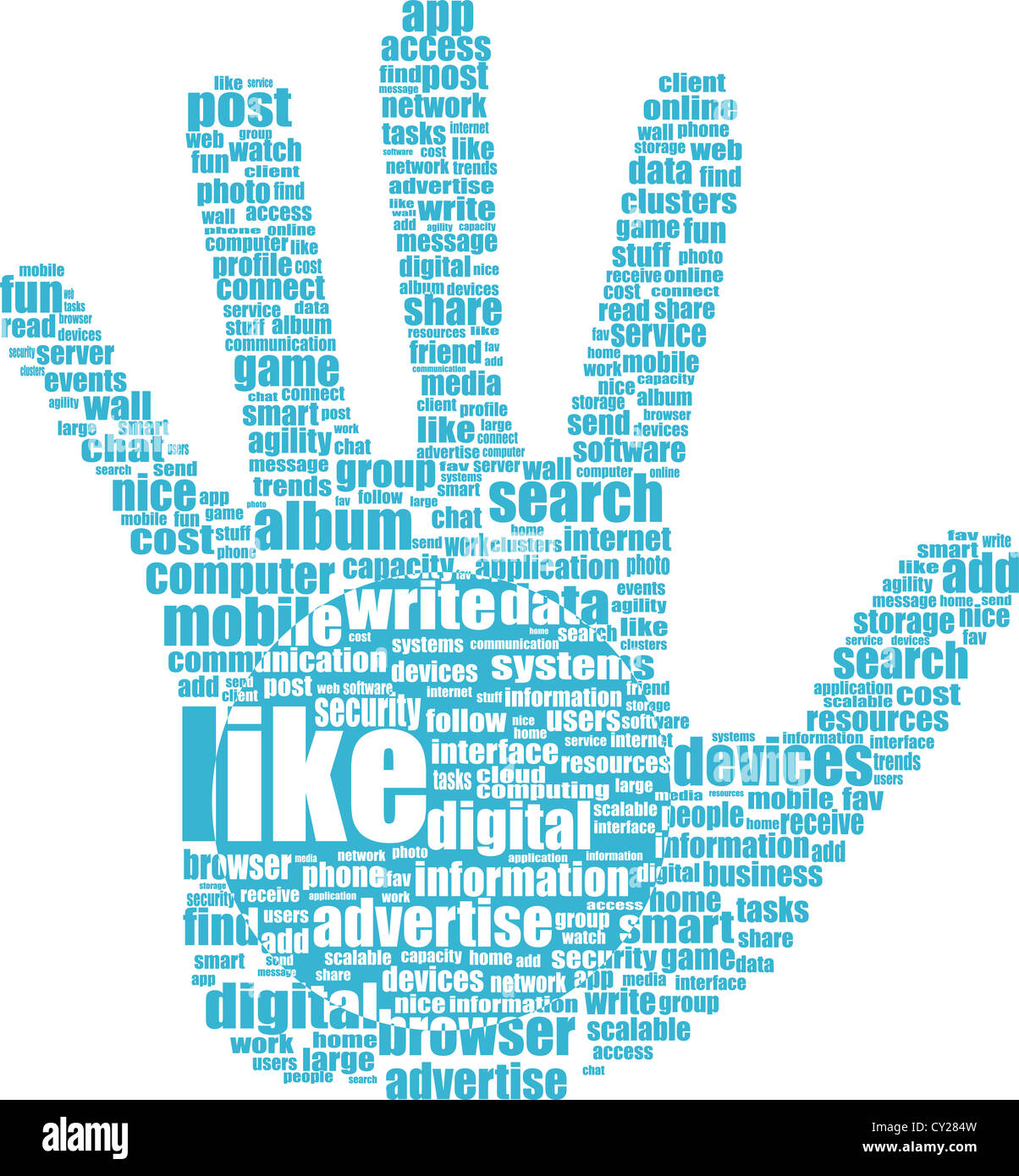 Lke hand symbol with tag cloud of word Stock Photo - Alamy