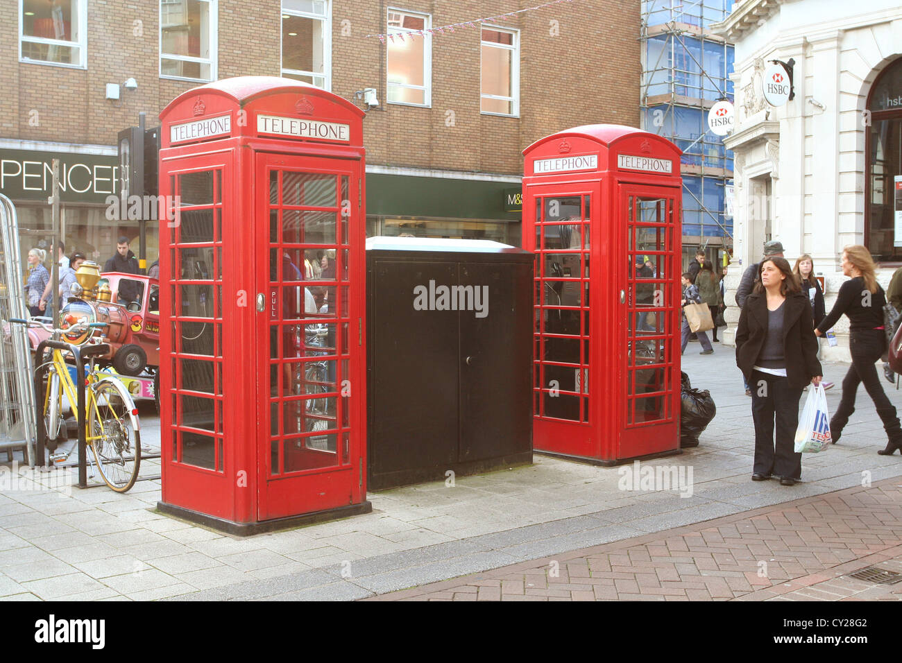 Red phone boxes, on the street in Hereford, October 2012 Stock Photo ...