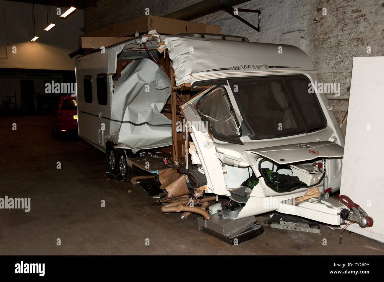 Smashed Crashed Touring Caravan Accident Stock Photo - Alamy