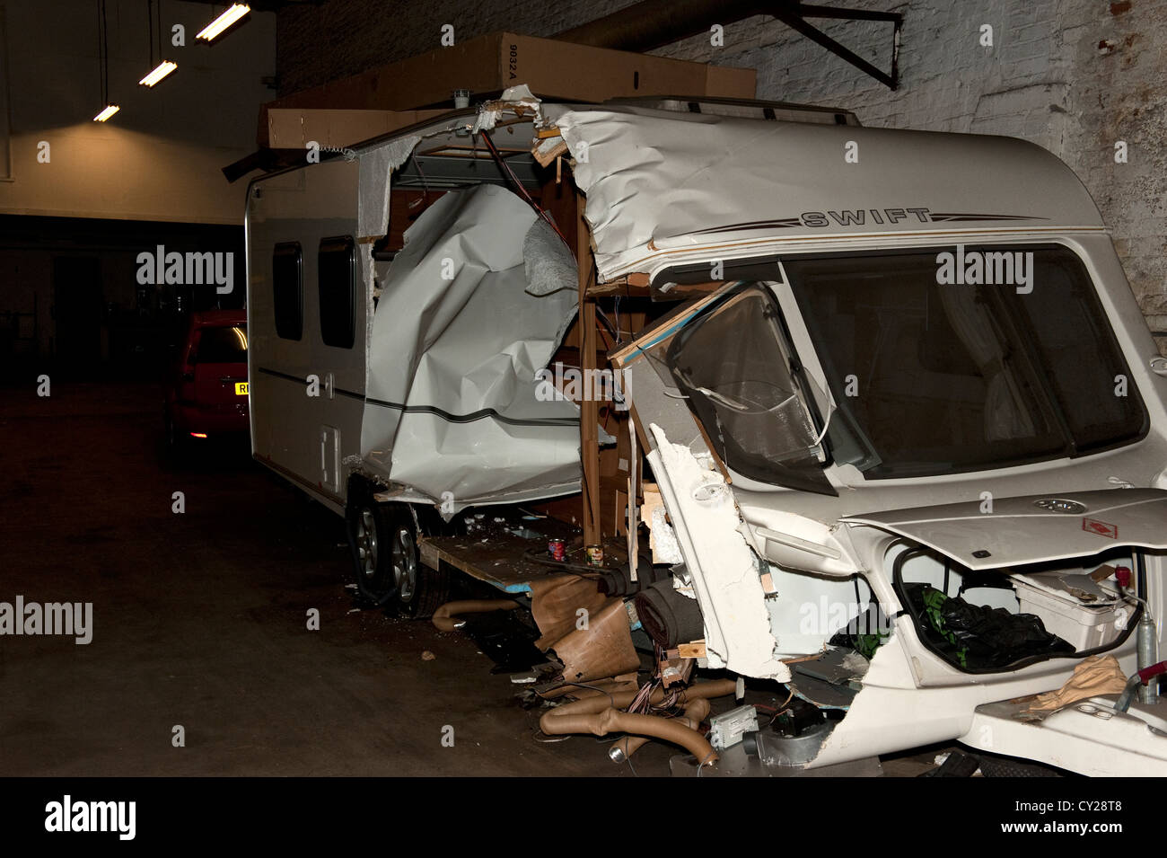 Smashed Crashed Touring Caravan Accident Stock Photo - Alamy