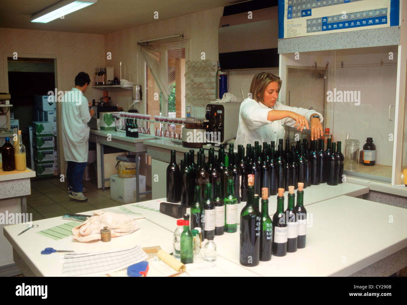 Employees testing properties of wines at laboratory in Libourne in ...