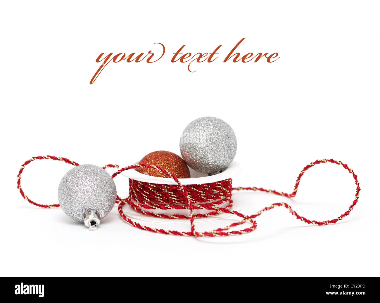 Christmas baubles with ribbon on white background (with sample text ...