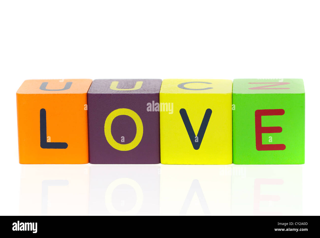 Love - word formed with alphabet blocks isolated on a white background ...