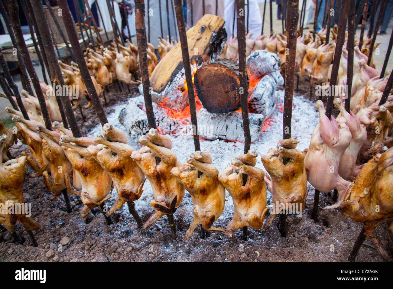 Chicken cooking next to an open fire at a cultural event in Islamabad ...