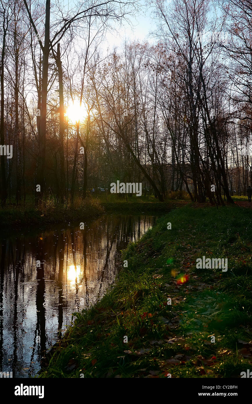 Reflection of the sun at sunset in the park pond Stock Photo - Alamy