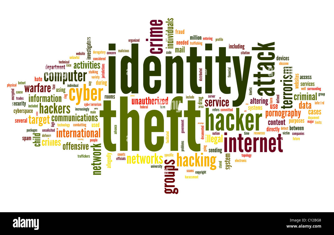 Identiry theft concept in word tag cloud isolated on white background ...