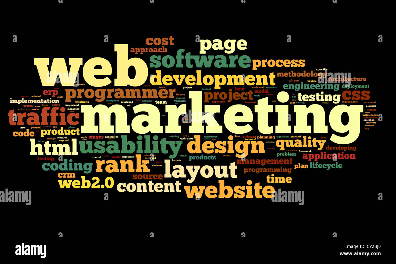 Web marketing concept in word cloud on black background Stock Photo - Alamy