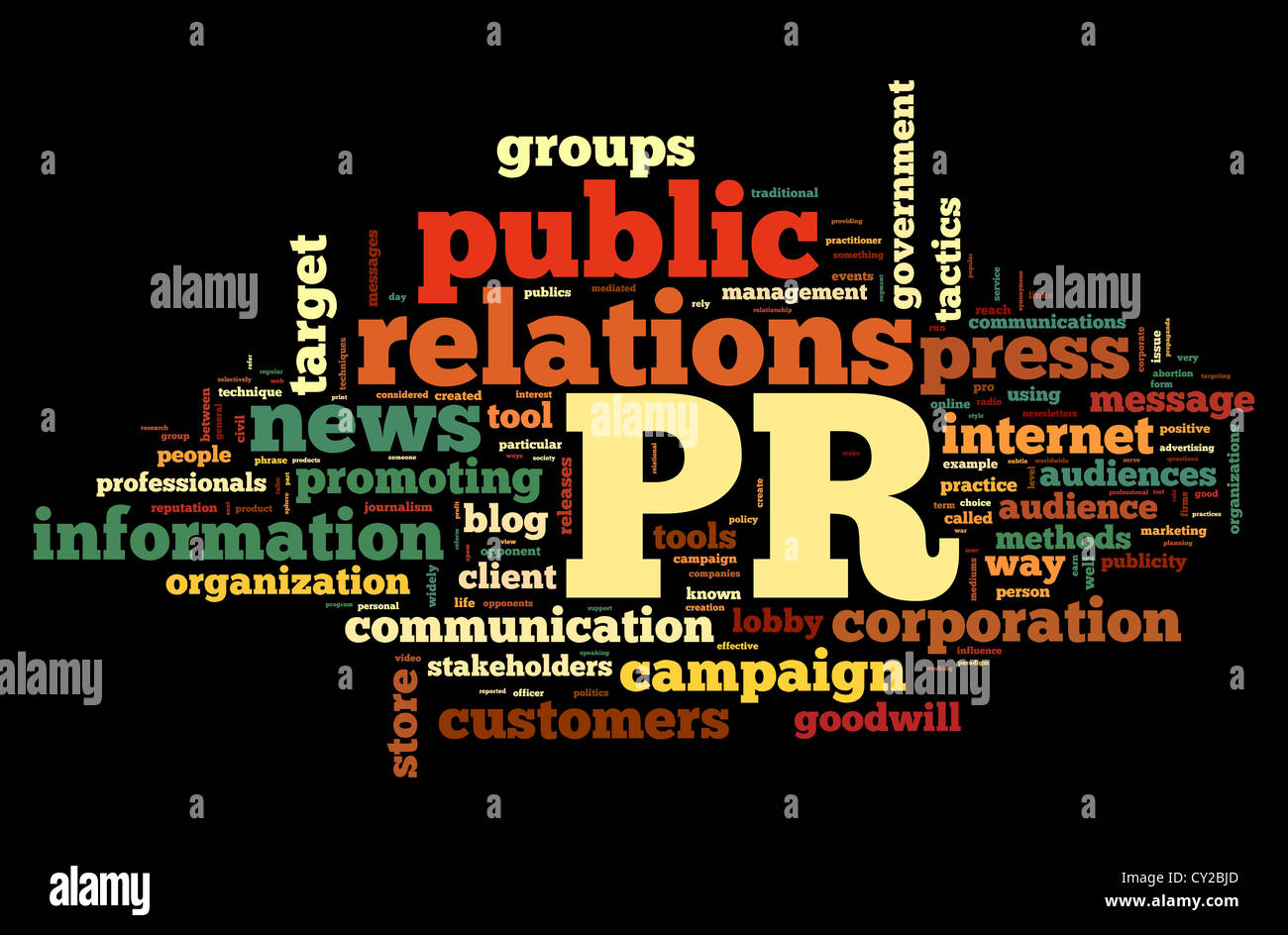 Public relations concept in word tag cloud on black background Stock ...
