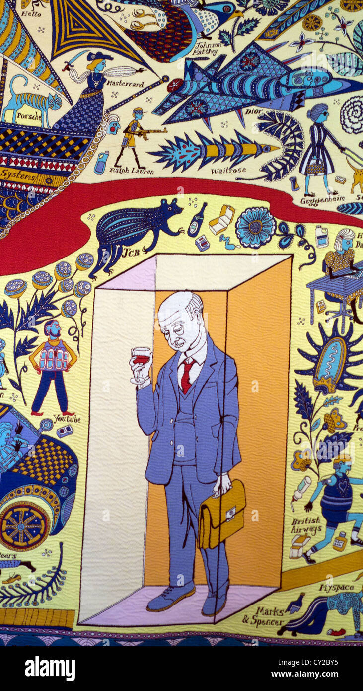 Grayson Perry Walthamstow Tapestry at exhibition detail of a depressed ...