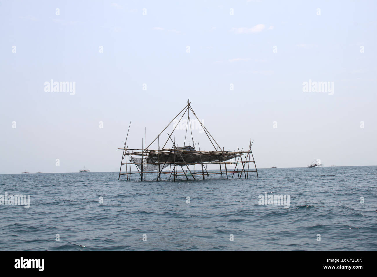 Bagang traditional bamboo fishing platform, Sulu Sea, Sandakan, Sabah ...