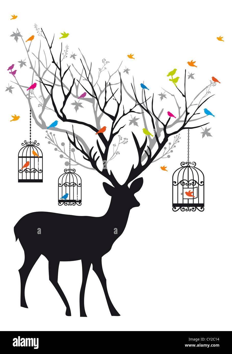 Deer with colorful birds and birdcages on his antlers Stock Photo - Alamy