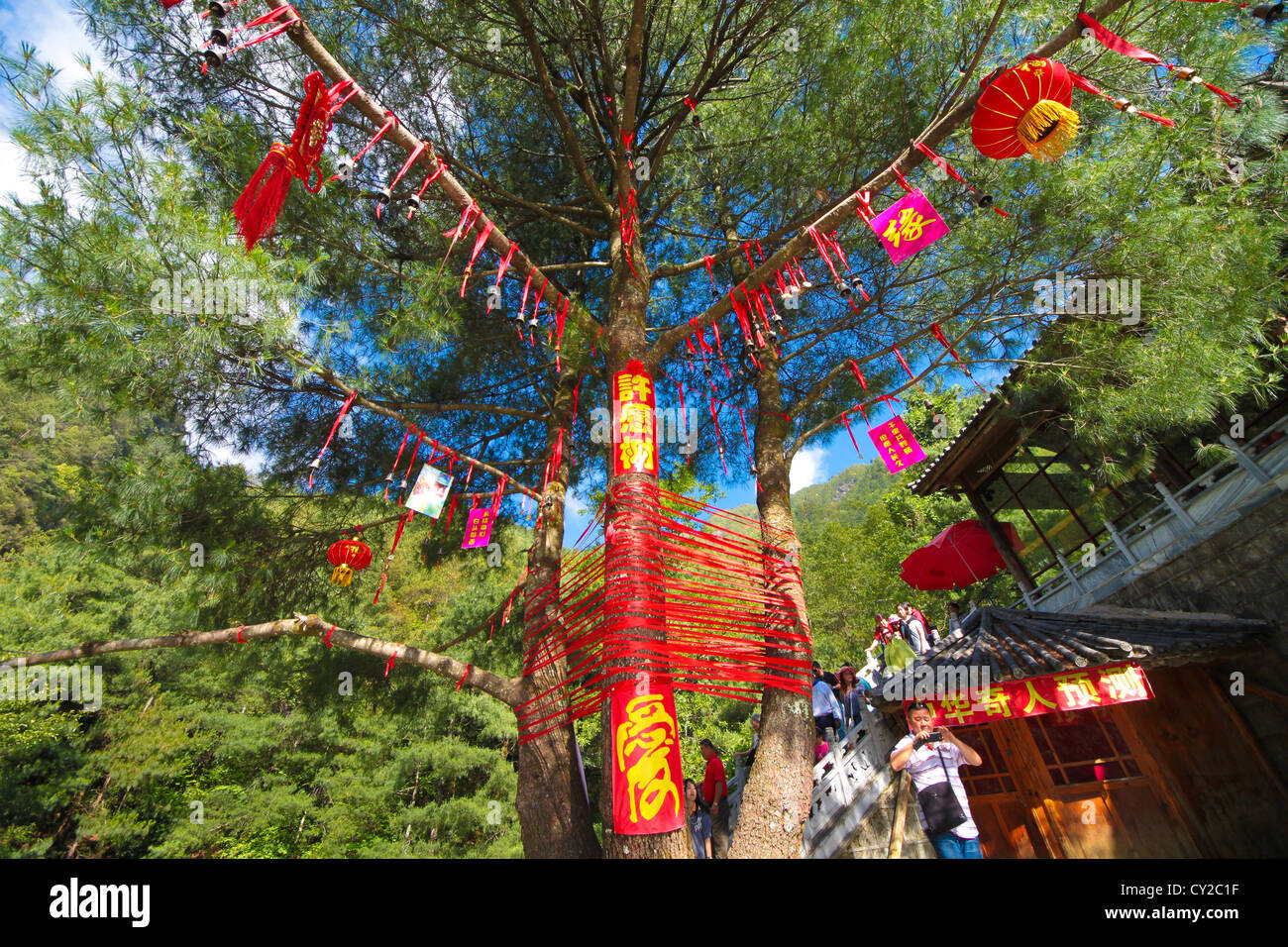 Tourist visiting the wishing tree at Cangshan Grand Canyon at Dali ...
