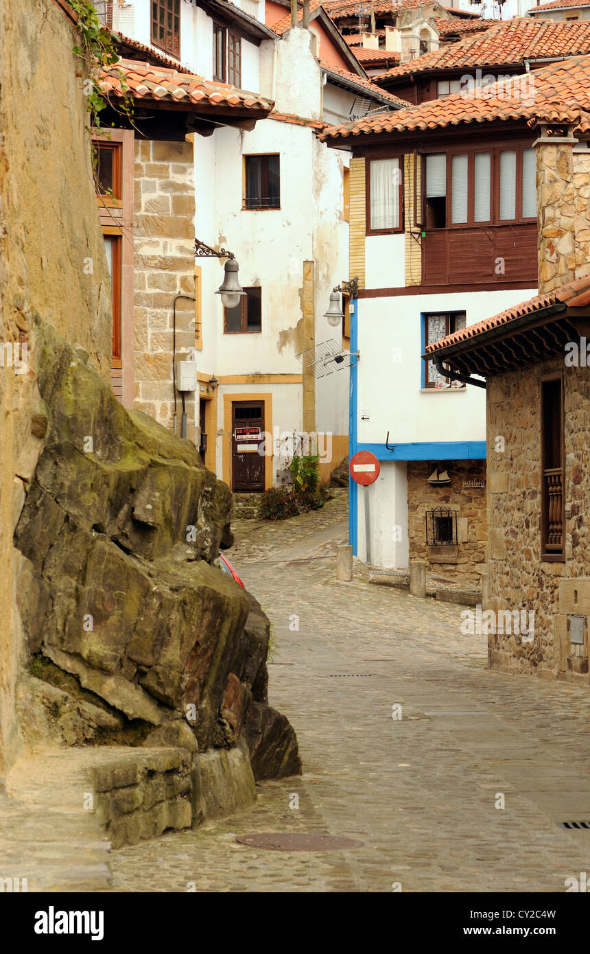 Steep cobbled street with a no entry sign. Lastres, Colunga, Asturias ...