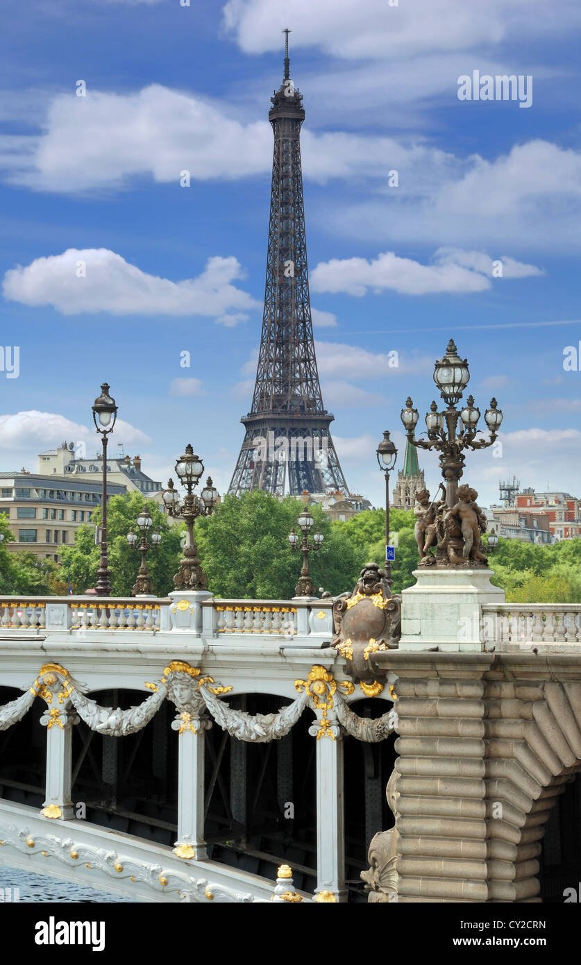 The bridge Alexandre III and Eiffel tower in Paris, France Stock Photo ...
