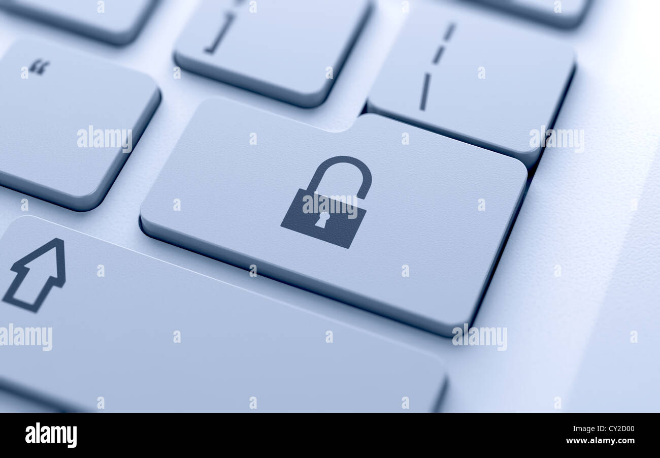 3d illustration of lock concept button on keyboard with soft focus ...