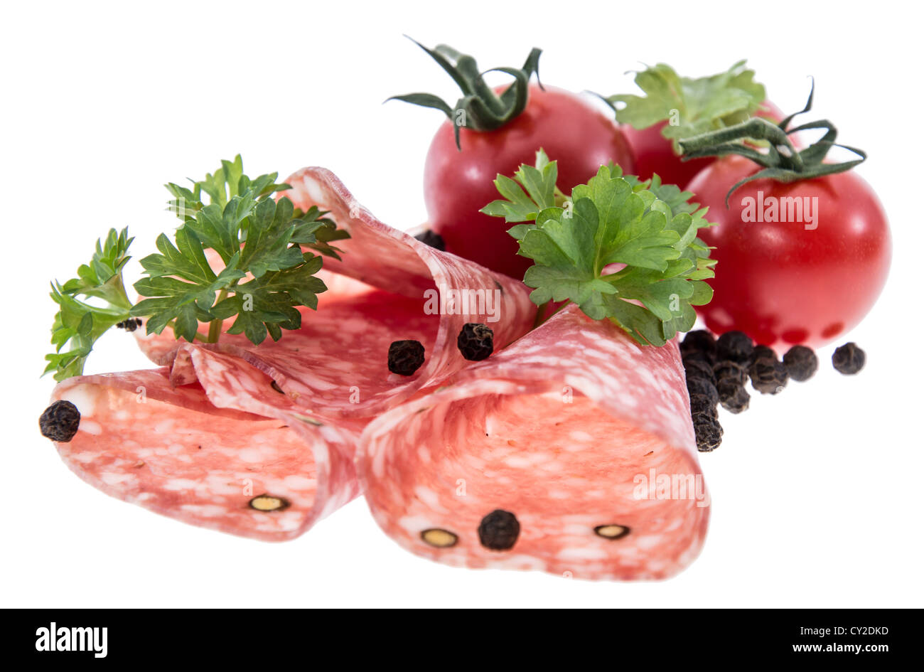 Salami slices isolated on white background Stock Photo - Alamy
