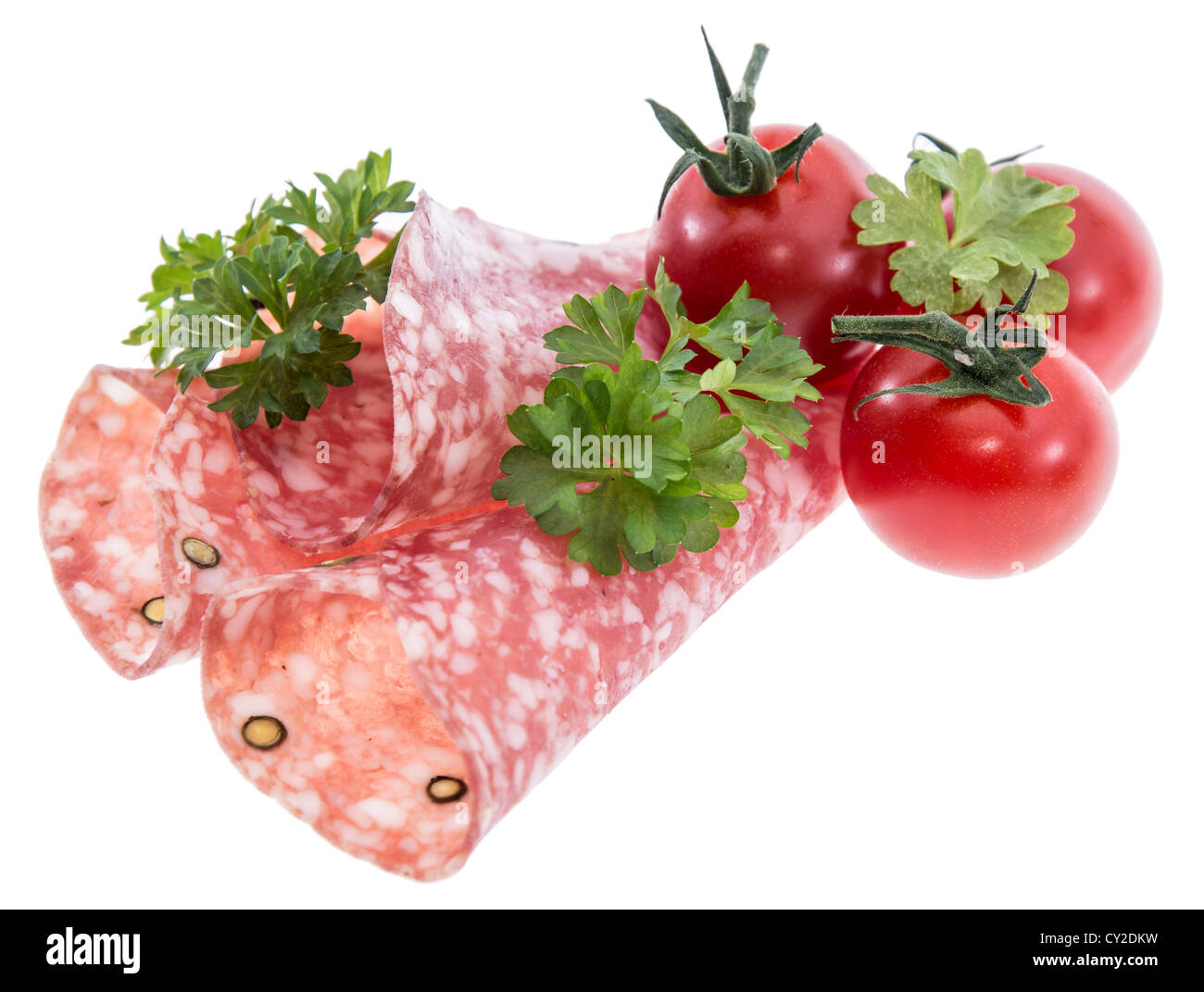 Salami slices isolated on white background Stock Photo - Alamy