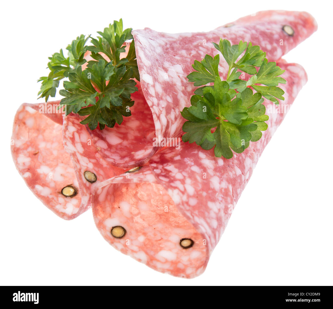 Salami slices isolated on white background Stock Photo - Alamy