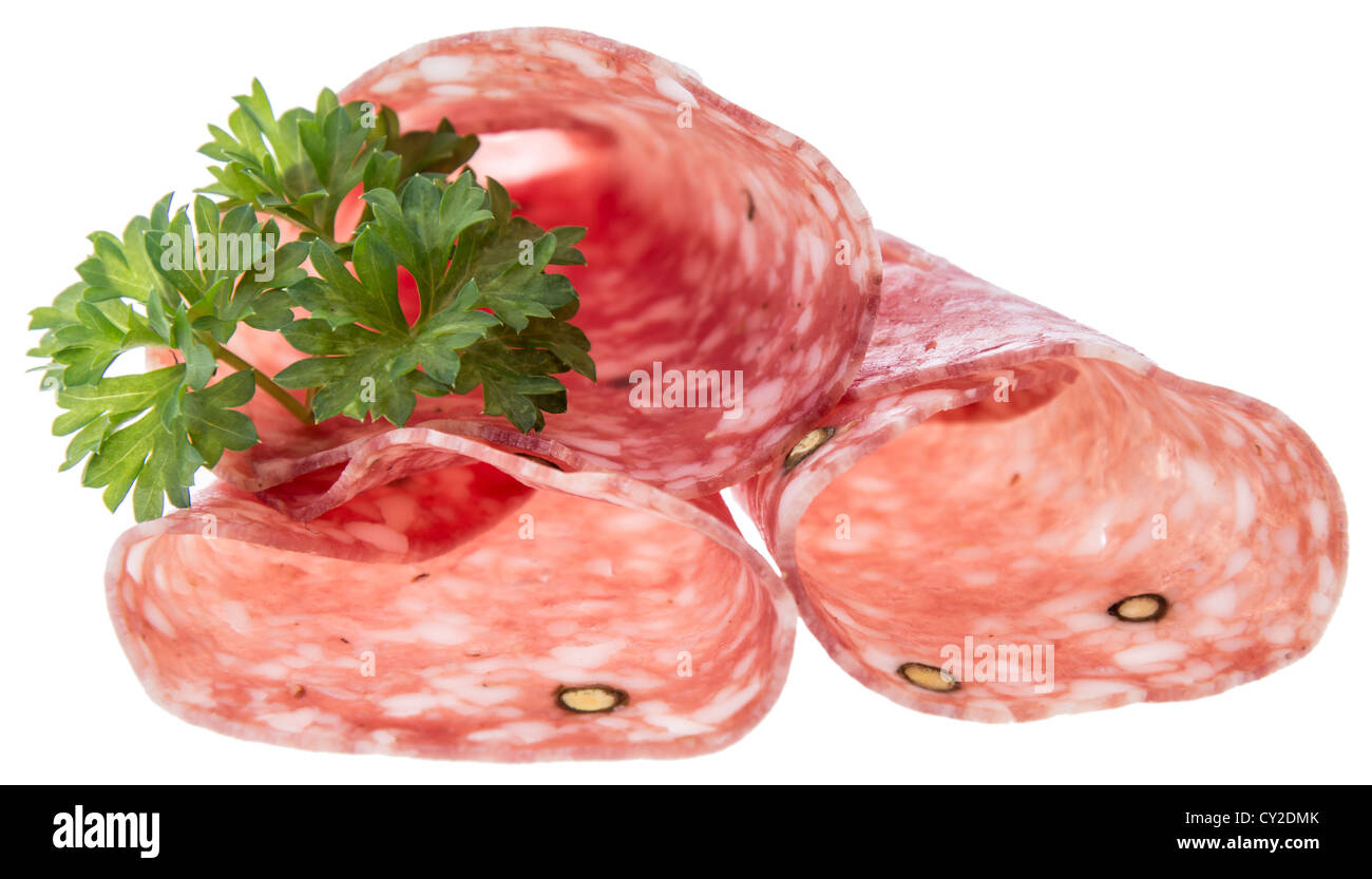 Salami slices isolated on white background Stock Photo - Alamy