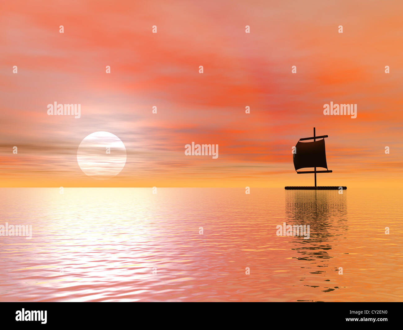 Raft floating alone on the ocean by cloudy sunset Stock Photo - Alamy