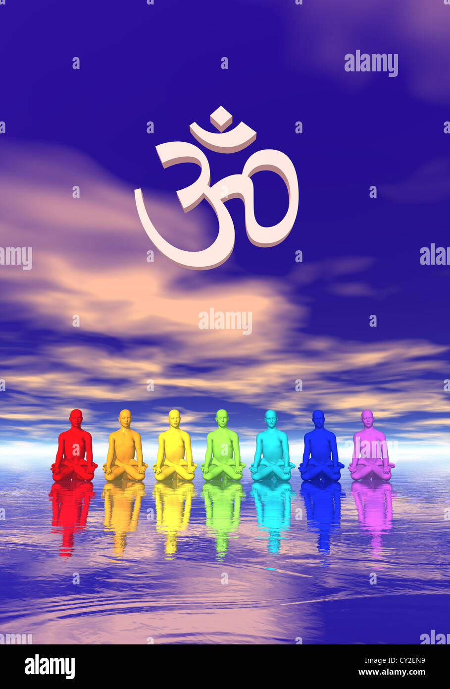 Seven human with chakra colors meditating below an aum in blue and pink ...