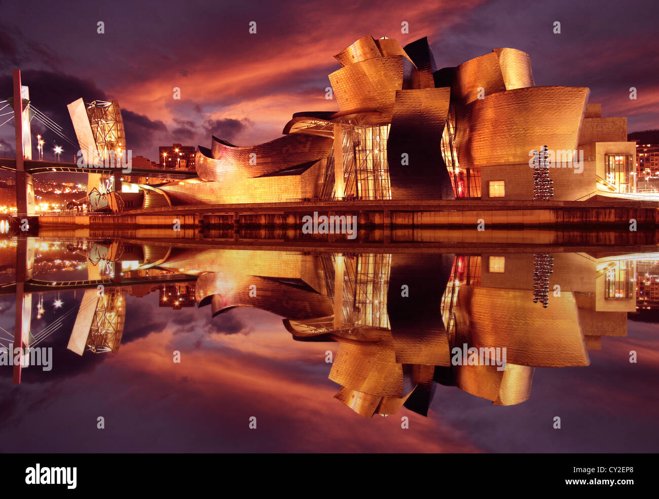 Artistic photoimpression of the Guggenheim Museum in Bilbao at sunset ...