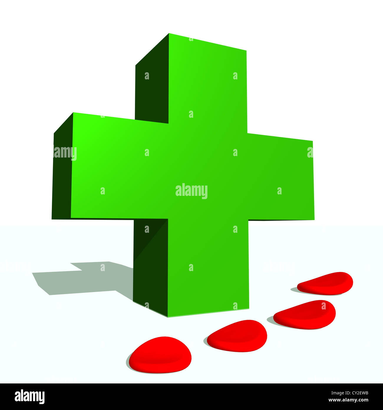 Big green cross and blood cells in white background Stock Photo - Alamy