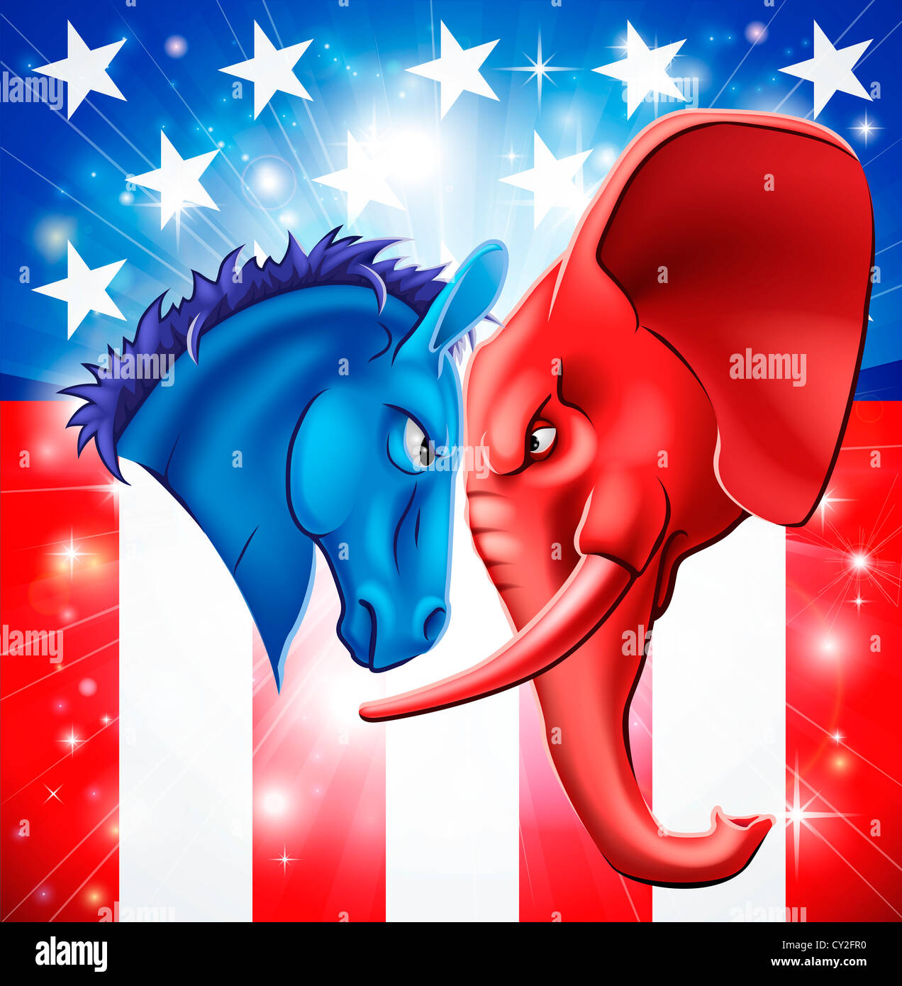 American politics concept illustration: donkey and elephant. Democrat ...