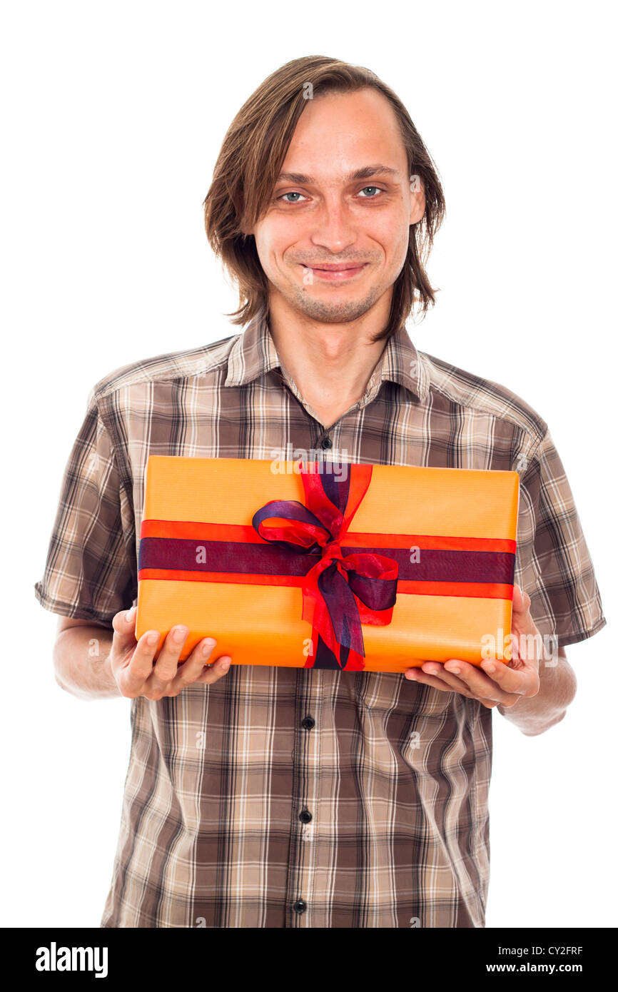 Happy man holding gift box, isolated on white background Stock Photo ...