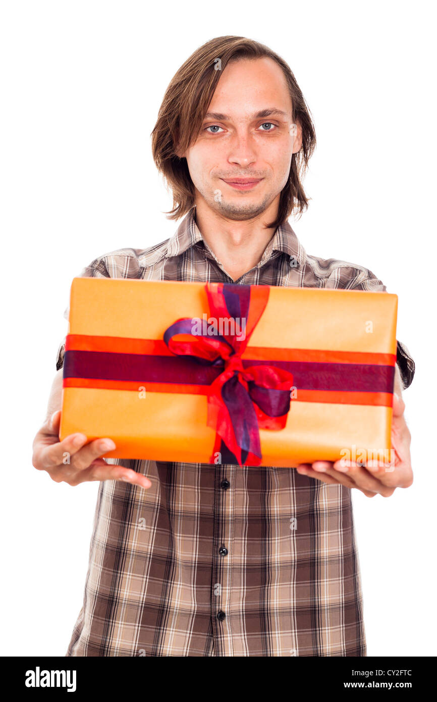 Portrait of a man giving gift box, isolated on white background Stock ...